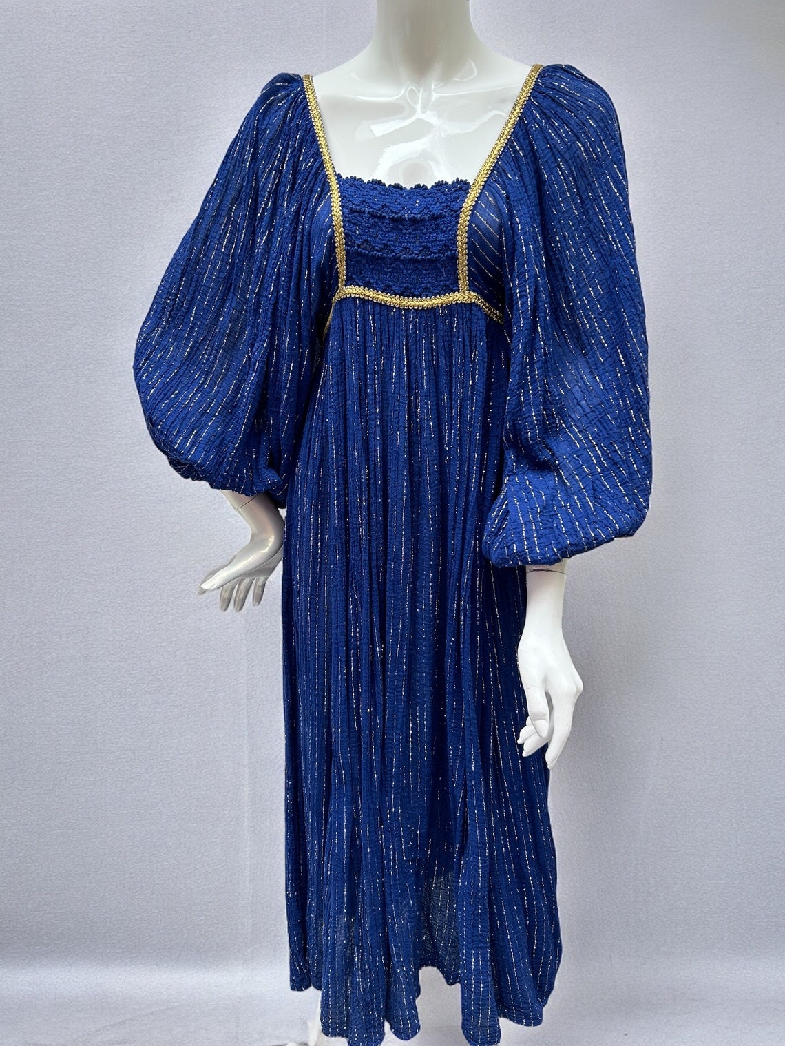 La Huette Bohemian Metallic 70s Blue Crinkle Cotton/muslin Dress With ...