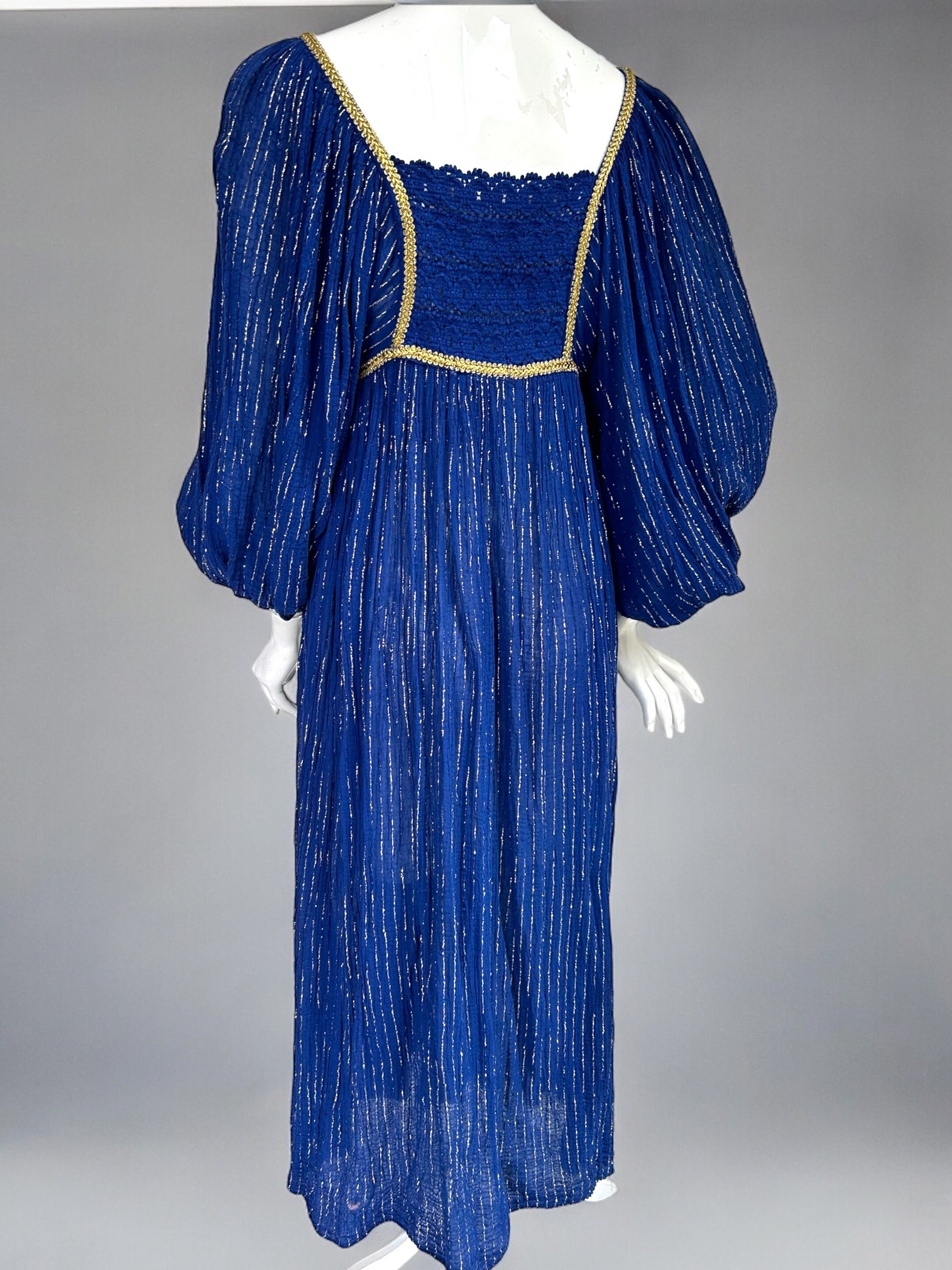 La Huette Bohemian Metallic 70s Blue Crinkle Cotton/muslin Dress With ...