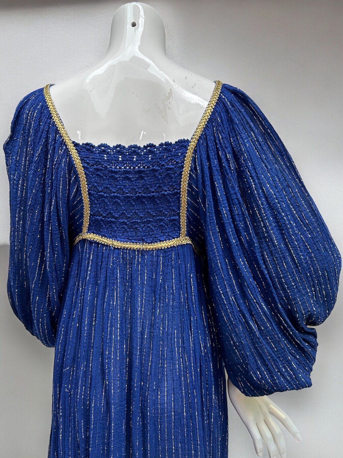 La Huette Bohemian Metallic 70s Blue Crinkle Cotton/muslin Dress With ...