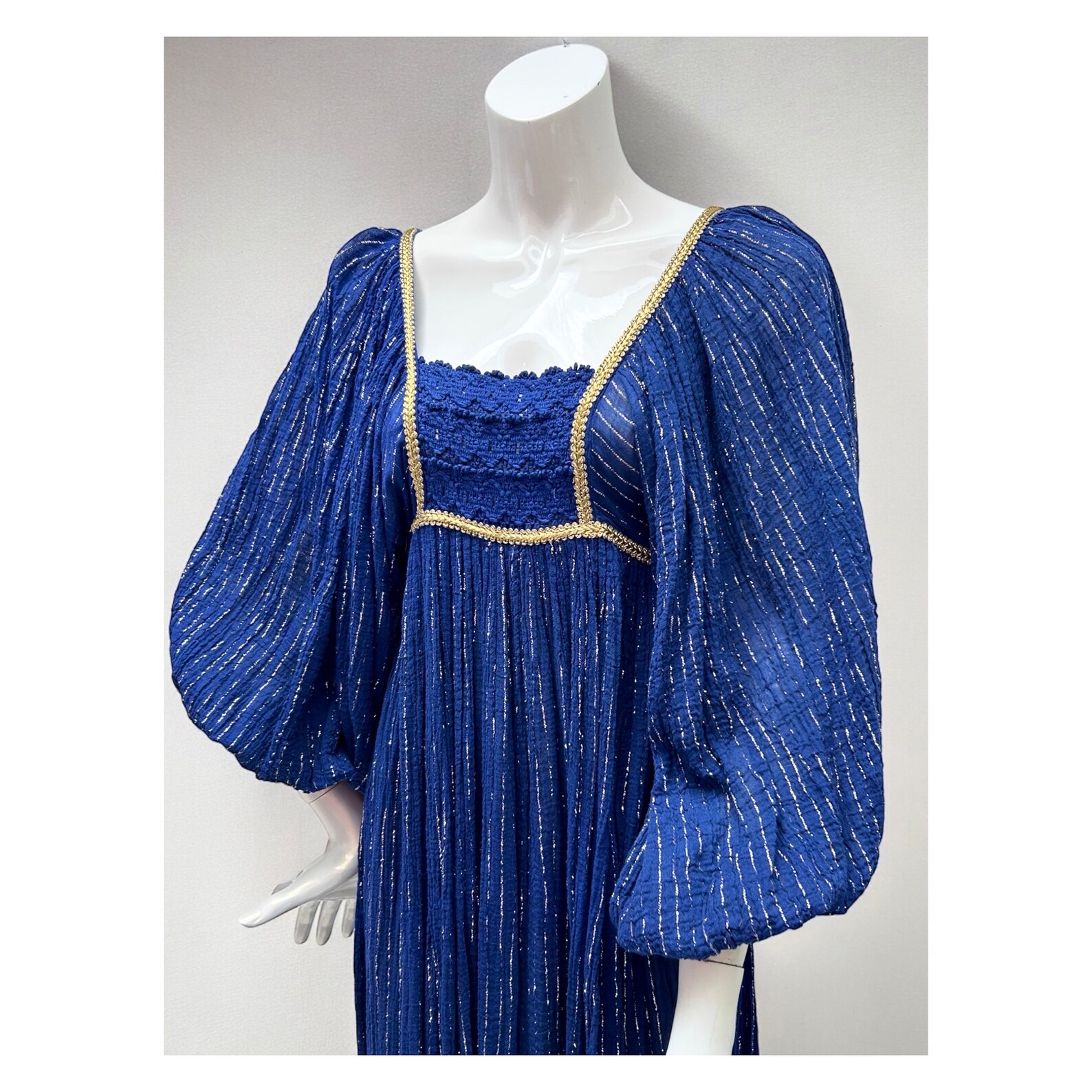 La Huette Bohemian Metallic 70s Blue Crinkle Cotton/muslin Dress With ...