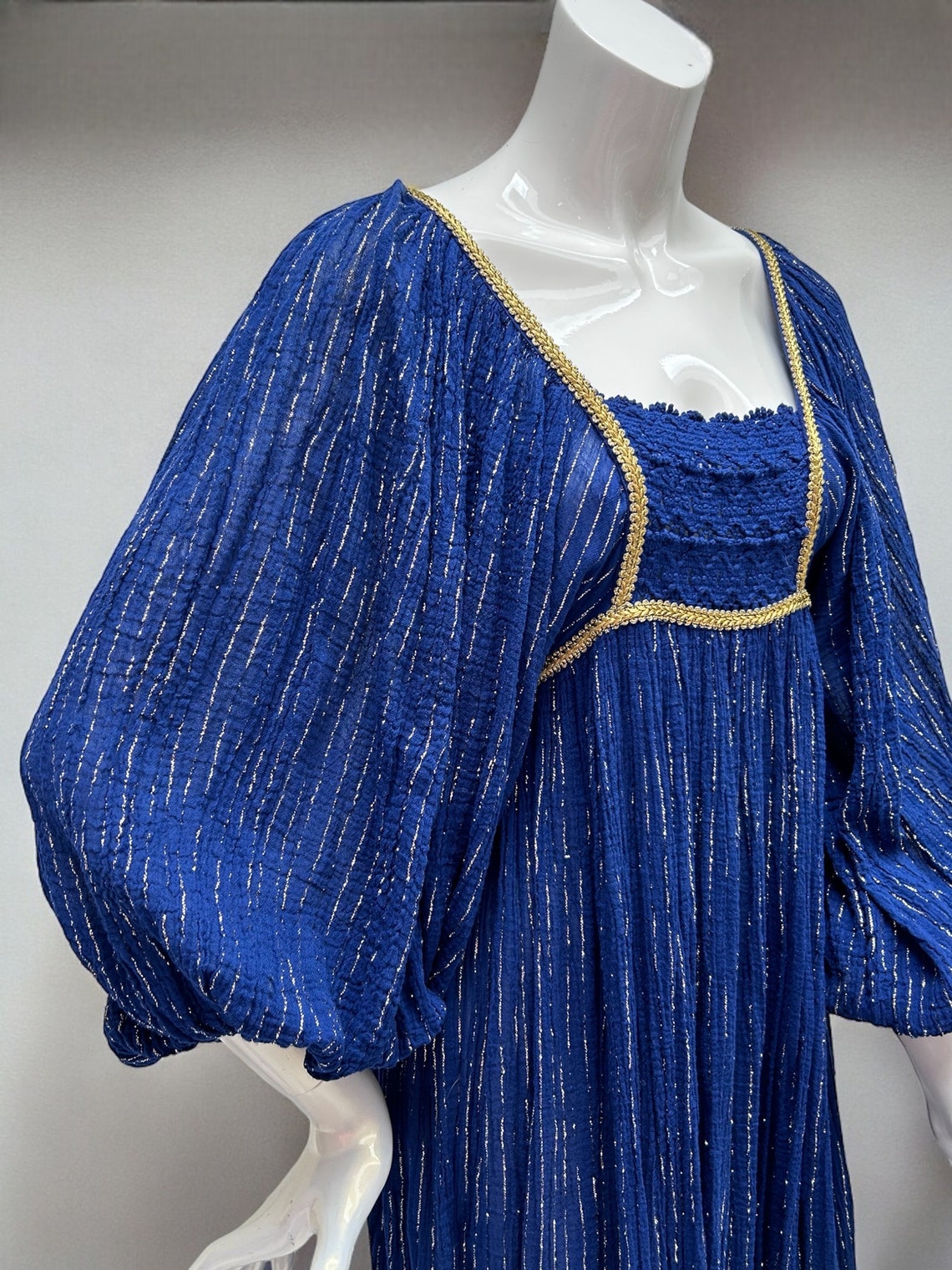 La Huette Bohemian Metallic 70s Blue Crinkle Cotton/muslin Dress With ...