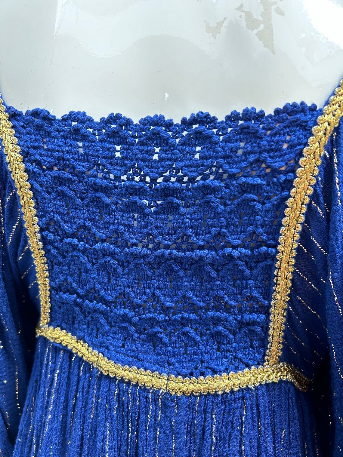 La Huette Bohemian Metallic 70s Blue Crinkle Cotton/muslin Dress With ...