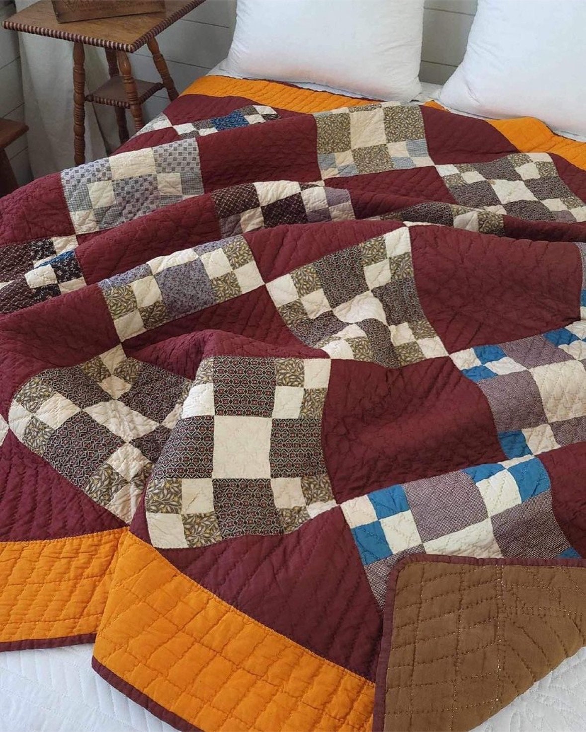 Antique Cheddar and Deep Oxblood Nine Patch Quilt in Wool and Cotton ...