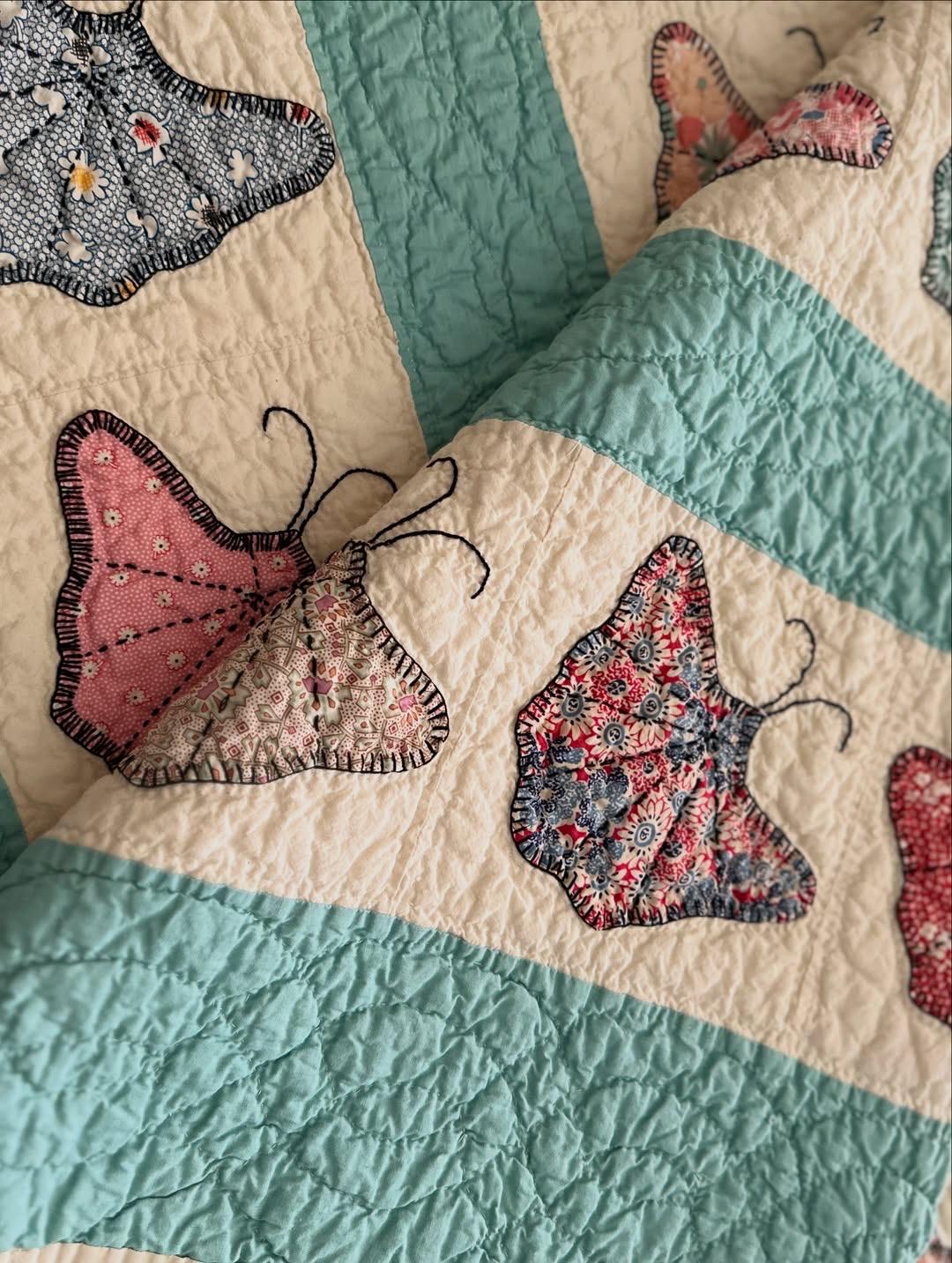 Gorgeous Vintage Feed Sack “butterflies” Quilt With a Sea Glass Blue ...