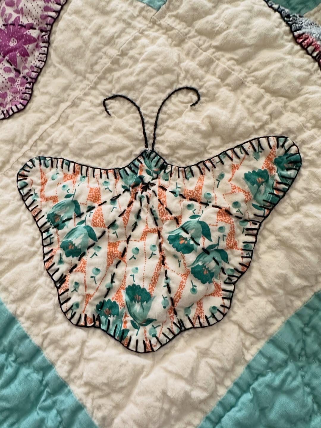 Gorgeous Vintage Feed Sack “butterflies” Quilt With a Sea Glass Blue ...