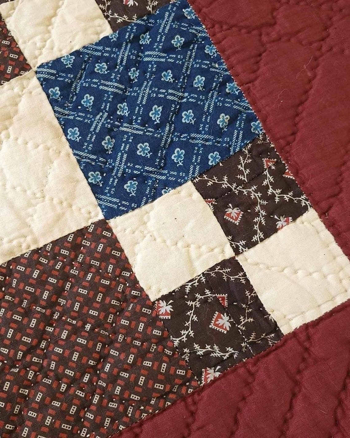 Antique Cheddar and Deep Oxblood Nine Patch Quilt in Wool and Cotton ...