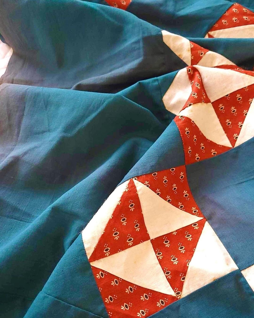 Rich Antique Deep Prussian Blue and Turkey Red broken Dishes Quilt Top ...
