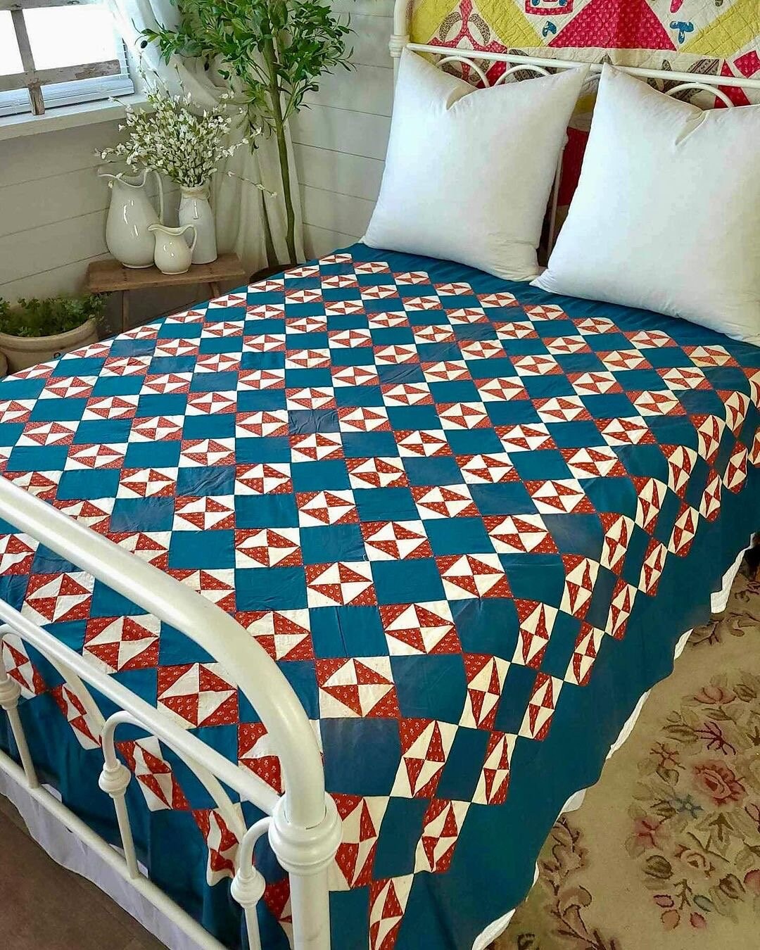 Rich Antique Deep Prussian Blue and Turkey Red broken Dishes Quilt Top ...