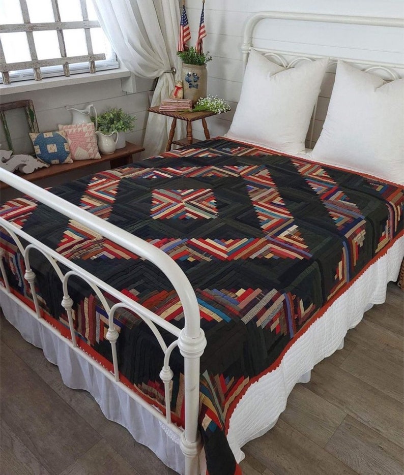 Incredible Mennonite Antique Amish Red and Black Log Cabin Quilt With ...