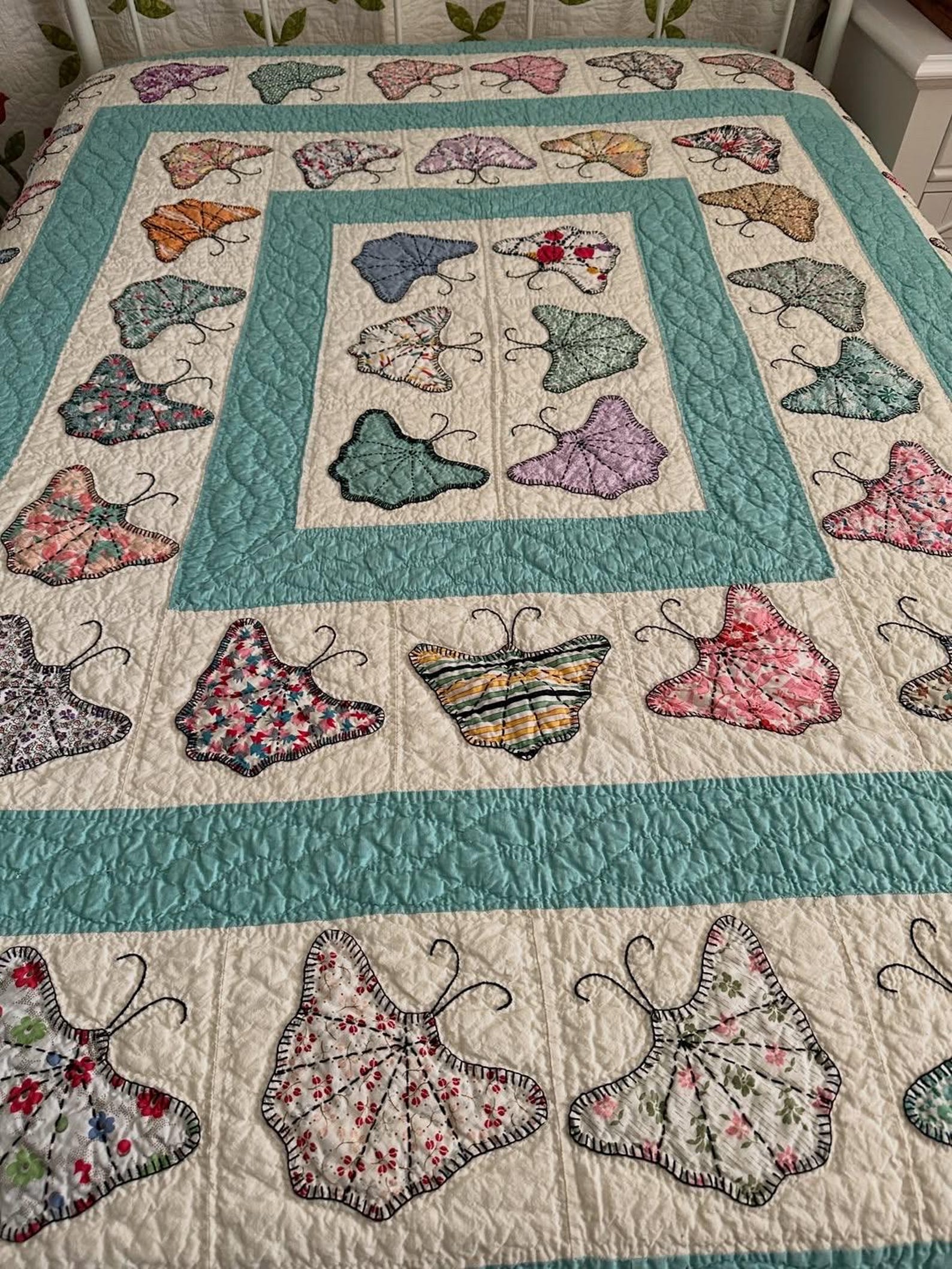 Gorgeous Vintage Feed Sack “butterflies” Quilt With a Sea Glass Blue ...