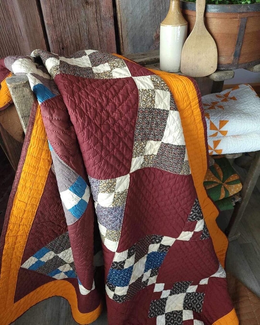 Antique Cheddar and Deep Oxblood Nine Patch Quilt in Wool and Cotton ...