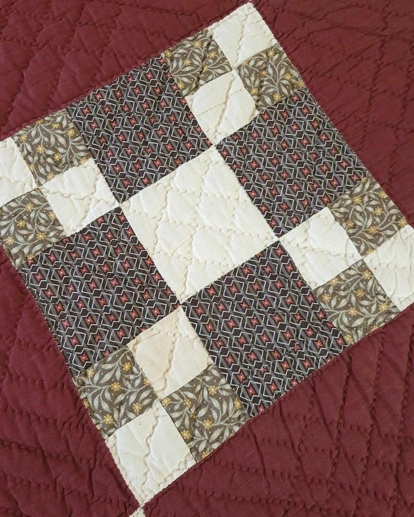 Antique Cheddar and Deep Oxblood Nine Patch Quilt in Wool and Cotton ...
