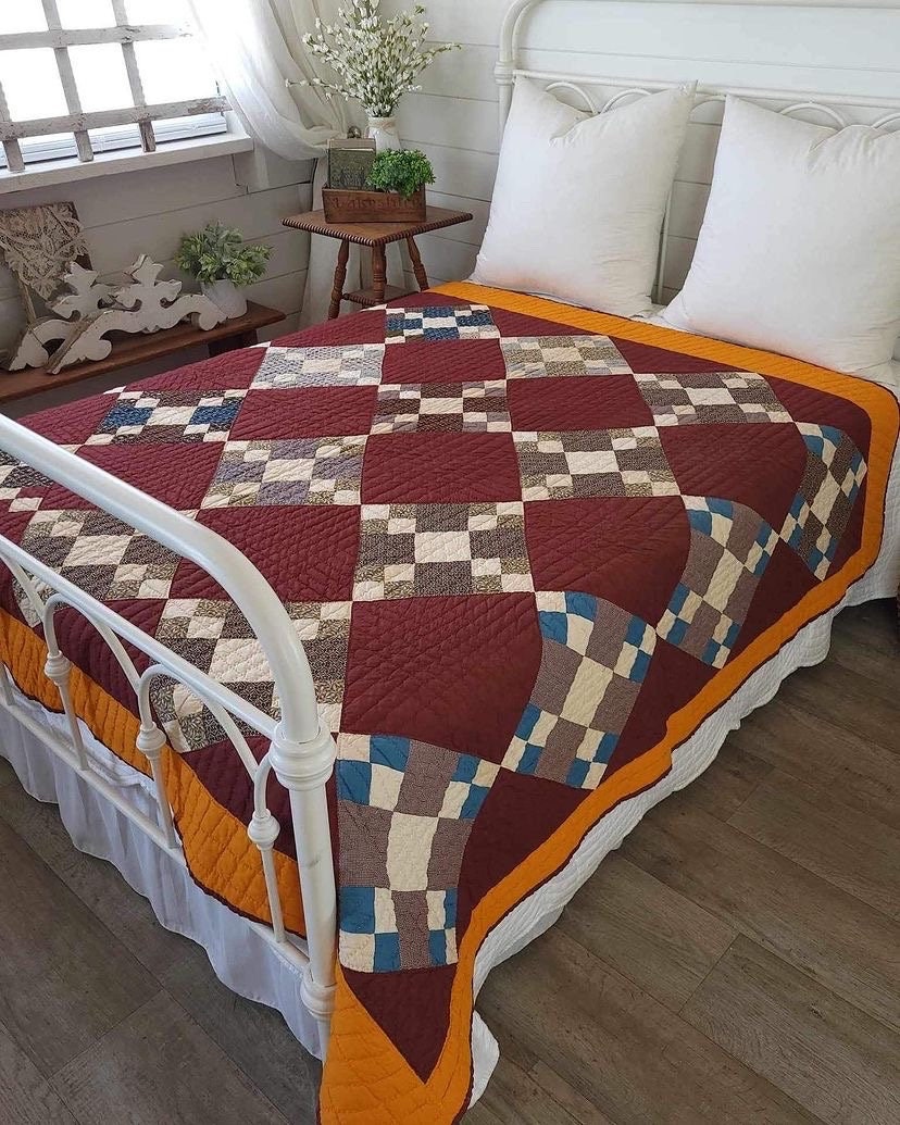 Antique Cheddar and Deep Oxblood Nine Patch Quilt in Wool and Cotton ...