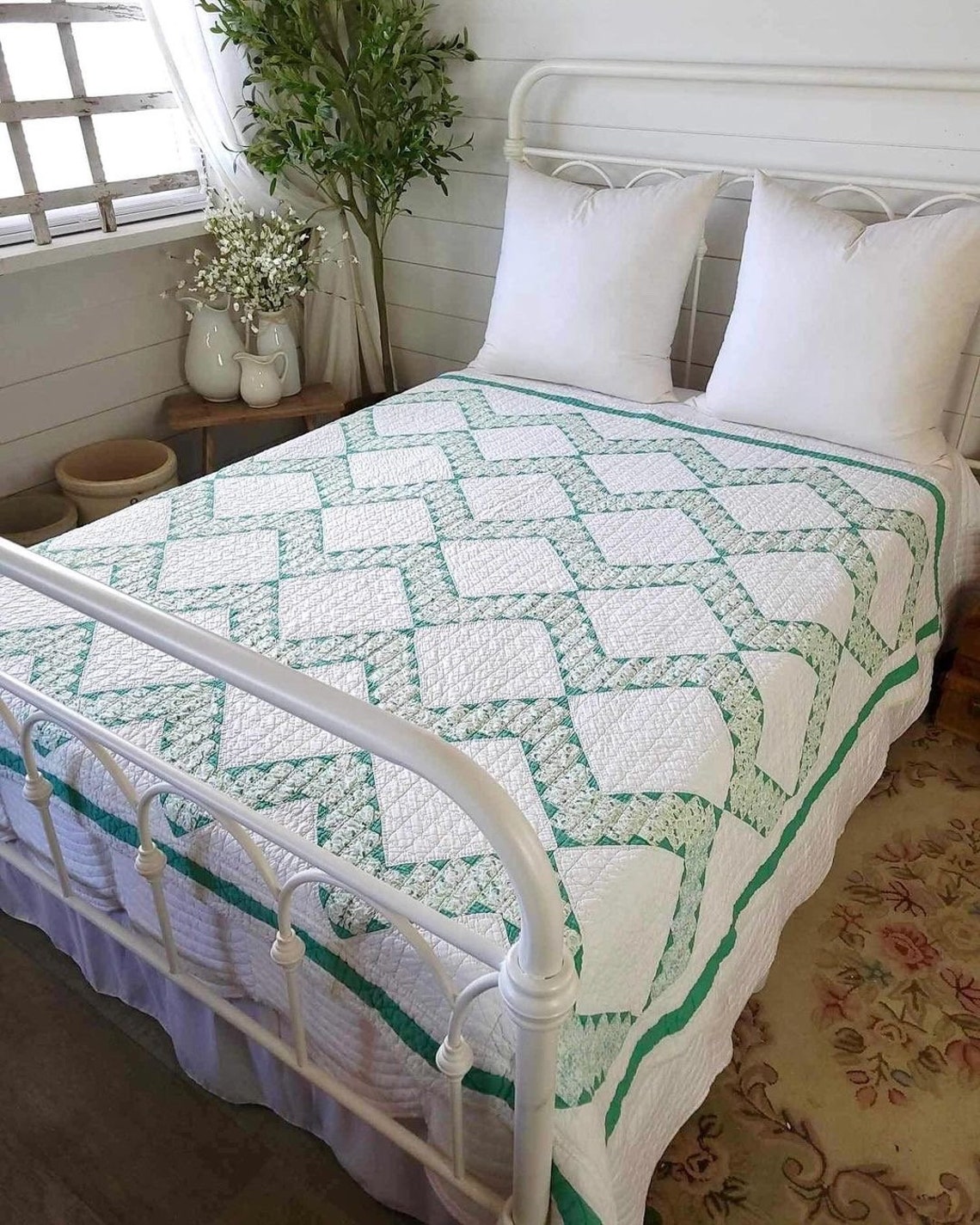 Lovely Vintage 40s Spring Green and White brick Wall Zig Zag Quilt - Etsy