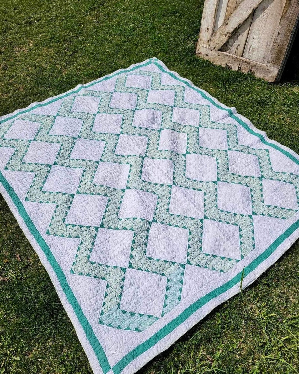 Lovely Vintage 40s Spring Green and White brick Wall Zig Zag Quilt - Etsy