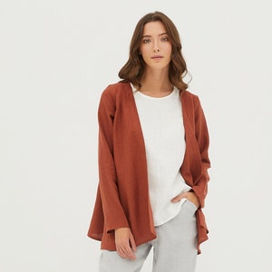DENICE Wrap Brown Colour Linen Jacket, Short Linen Cardigan, Brown Long ...