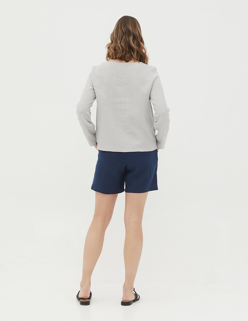 LORA Long Sleeve Linen Top, Light Grey Colour Linen Shirt With Splits ...