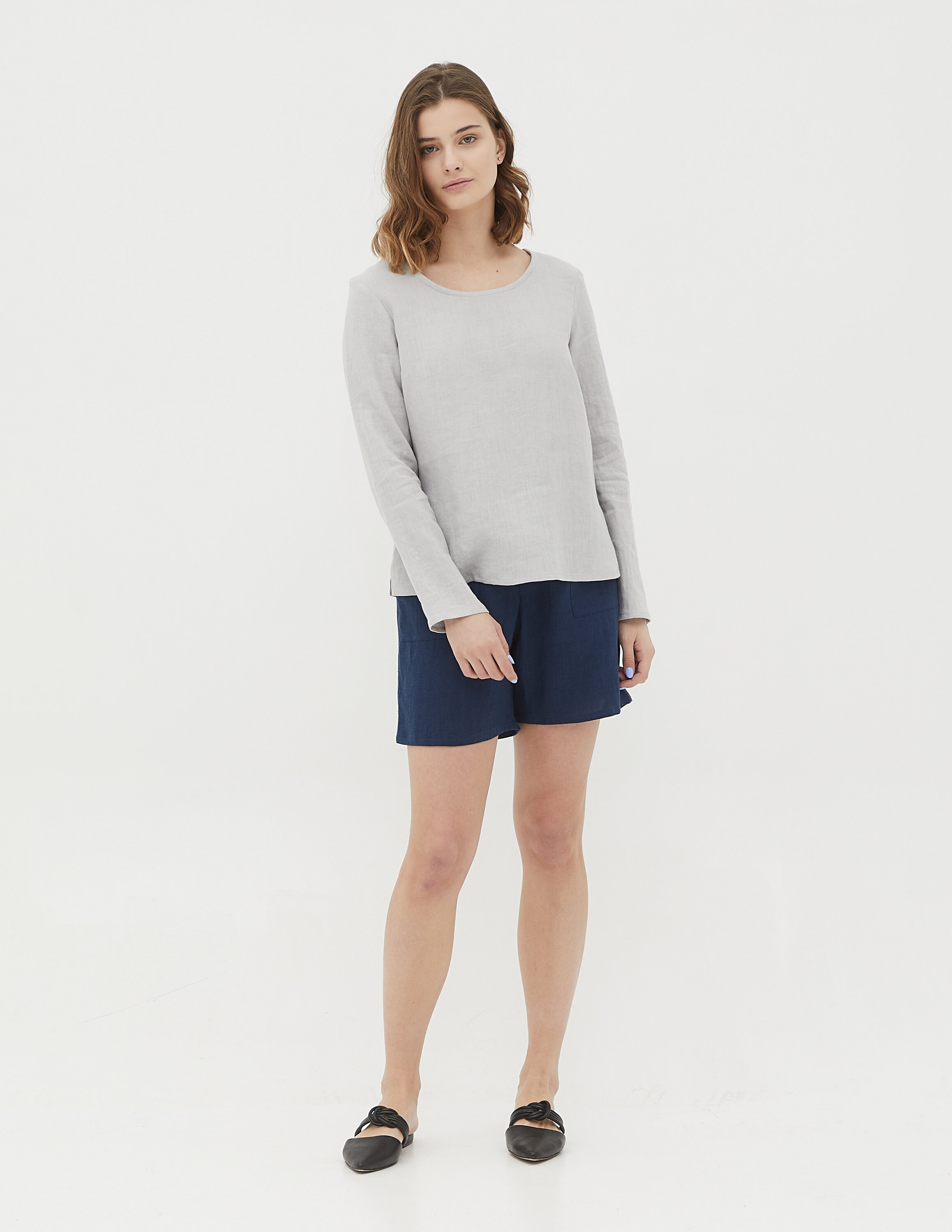 LORA Long Sleeve Linen Top, Light Grey Colour Linen Shirt With Splits ...