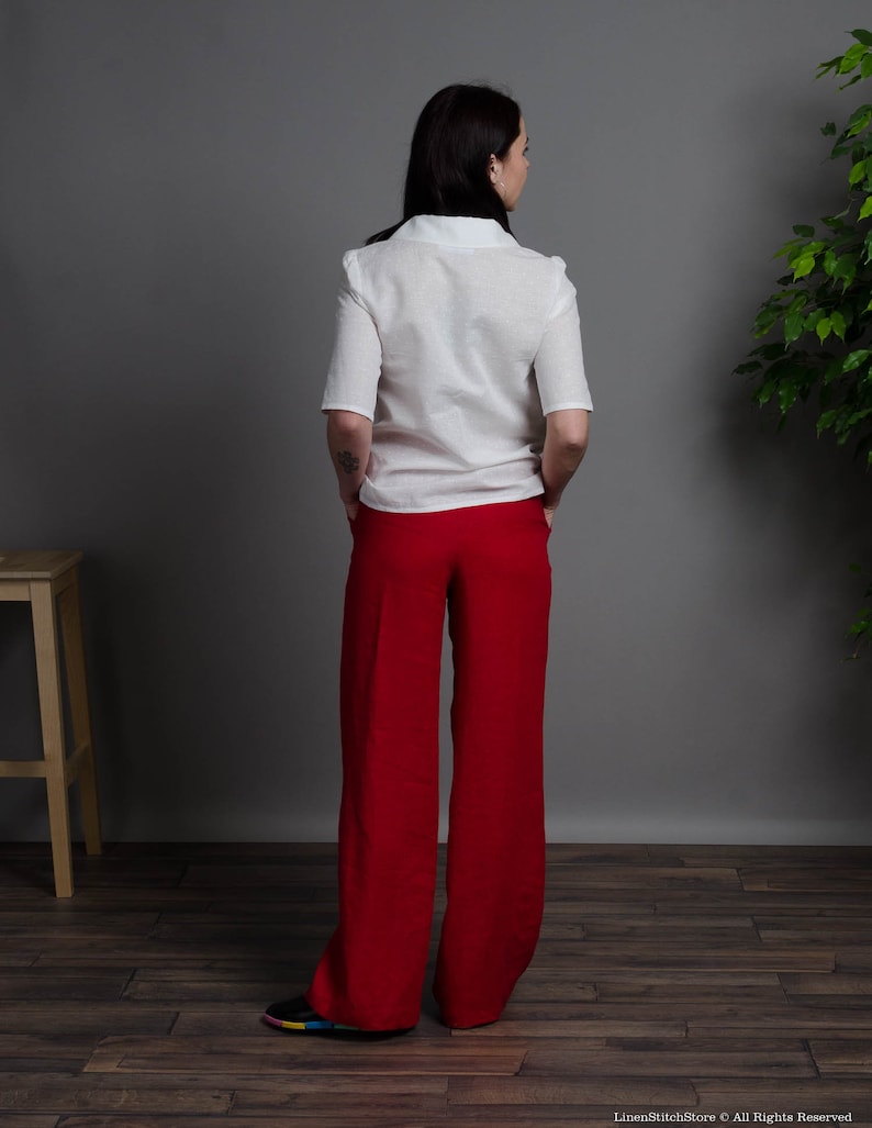 LESLIE Red Wide-leg Linen Pants With Elastic Waist and Inner - Etsy