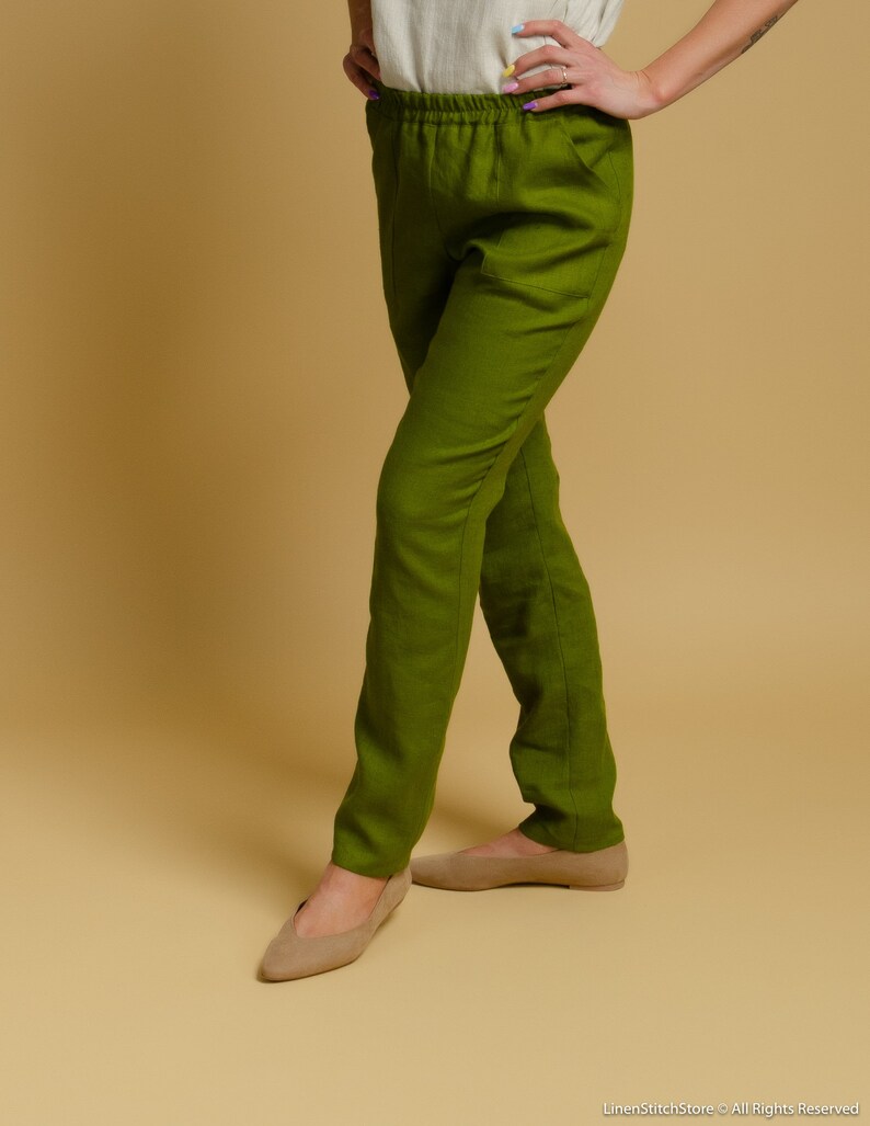 RUTH Chartreuse Linen Pants With Elastic Waist and Front Pockets, Olive ...
