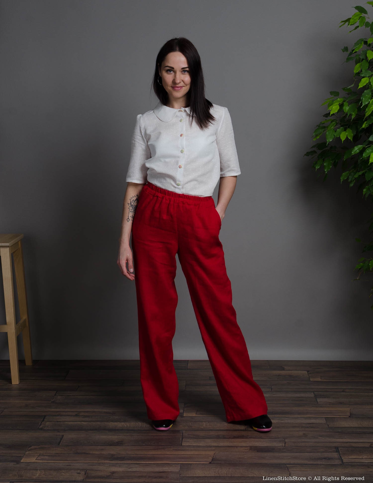 LESLIE Red Wide-leg Linen Pants With Elastic Waist and Inner Pockets ...