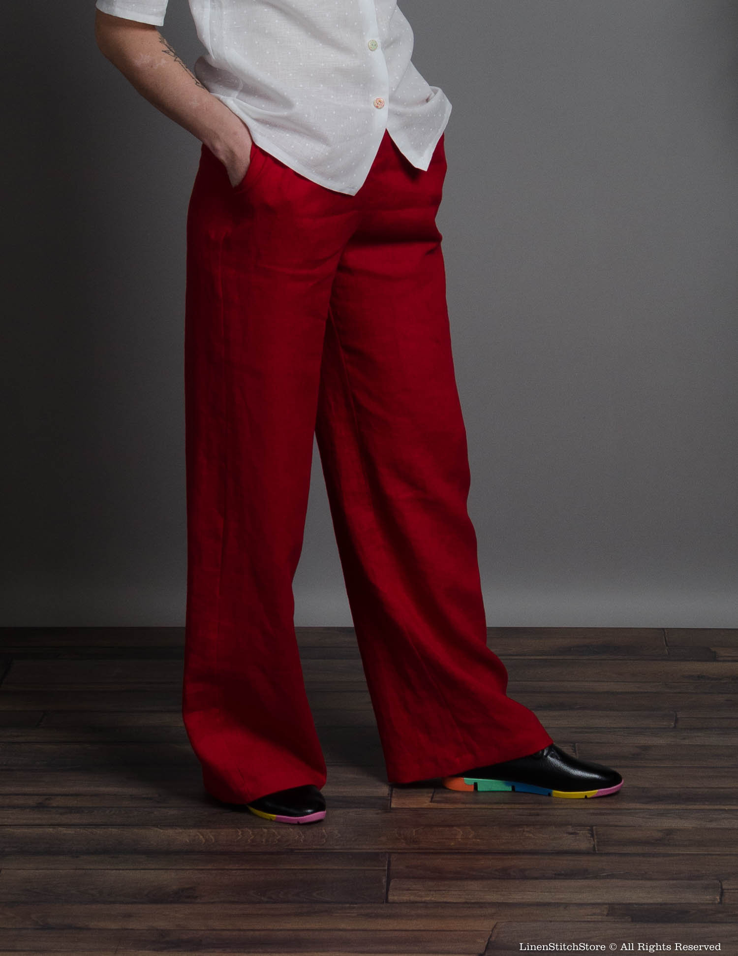 LESLIE Red Wide-leg Linen Pants With Elastic Waist and Inner Pockets ...