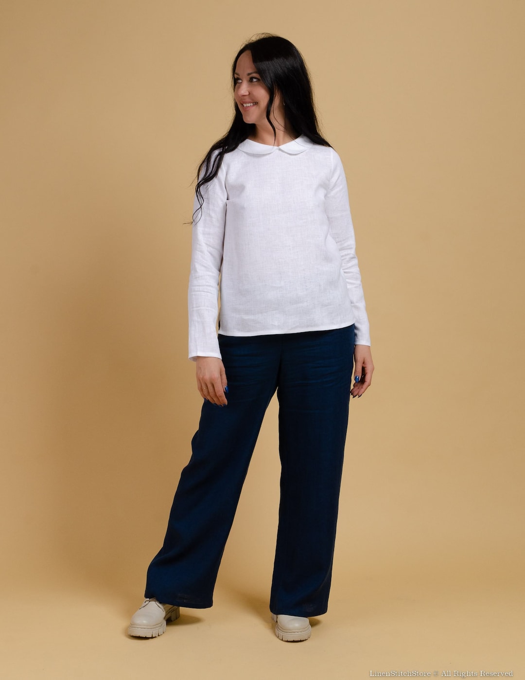 SHERRI Long Sleeve Peter Pan Neck Collar Top, White Colour Linen Shirt ...