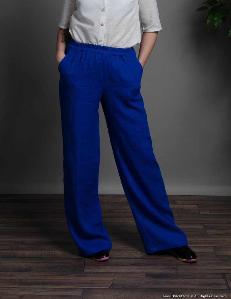 LESLIE Bright Blue Wide-leg Linen Pants With Elastic Waist and - Etsy