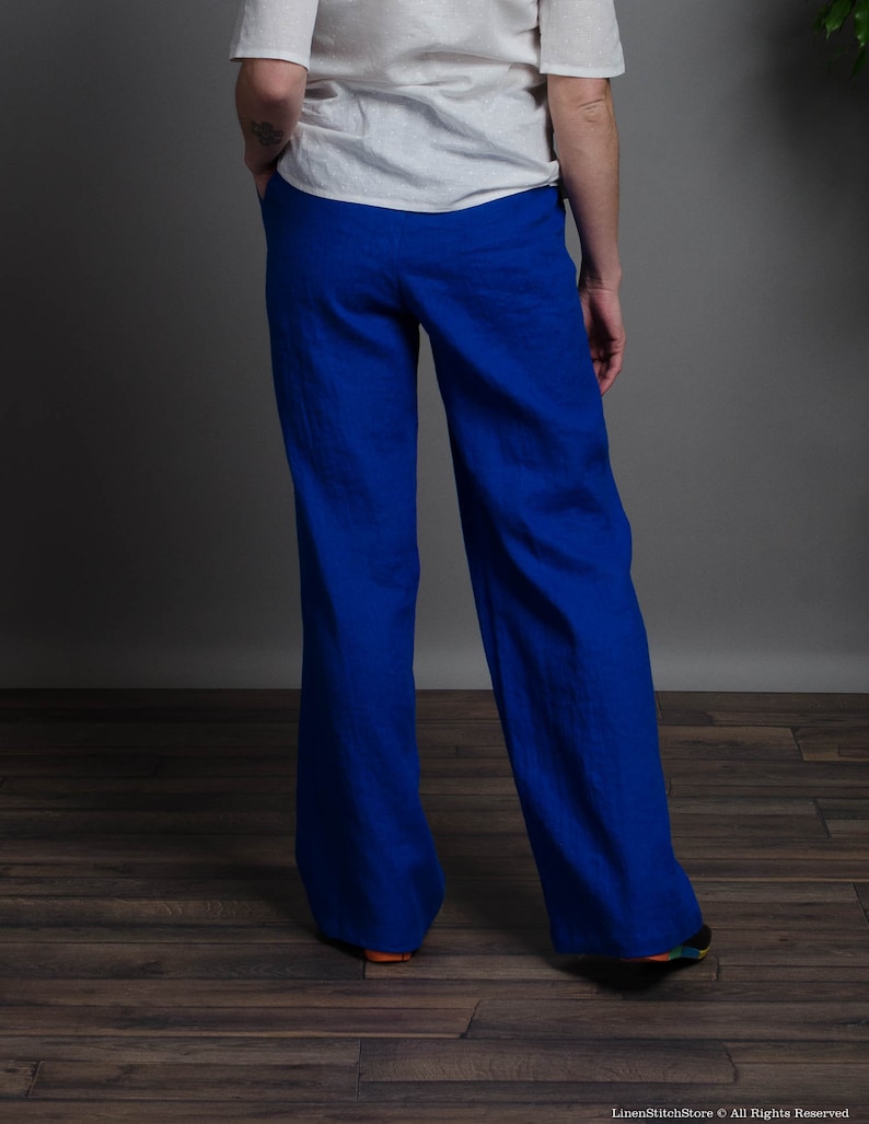 LESLIE Bright Blue Wide-leg Linen Pants With Elastic Waist and - Etsy