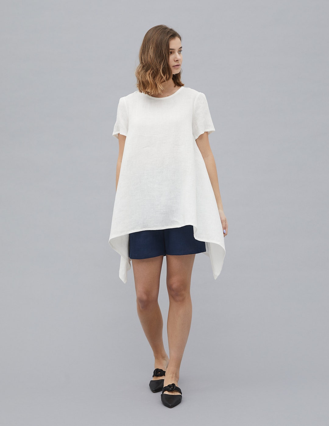 LINDA White Asymmetric Short Sleeve Linen Tunic for Women, Loose Linen ...