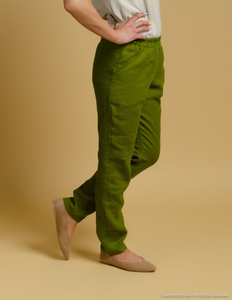 RUTH Chartreuse Linen Pants With Elastic Waist and Front Pockets, Olive ...