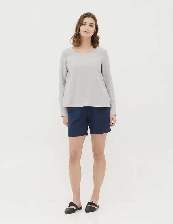 LORA Long Sleeve Linen Top Light Grey Colour Linen Shirt With - Etsy