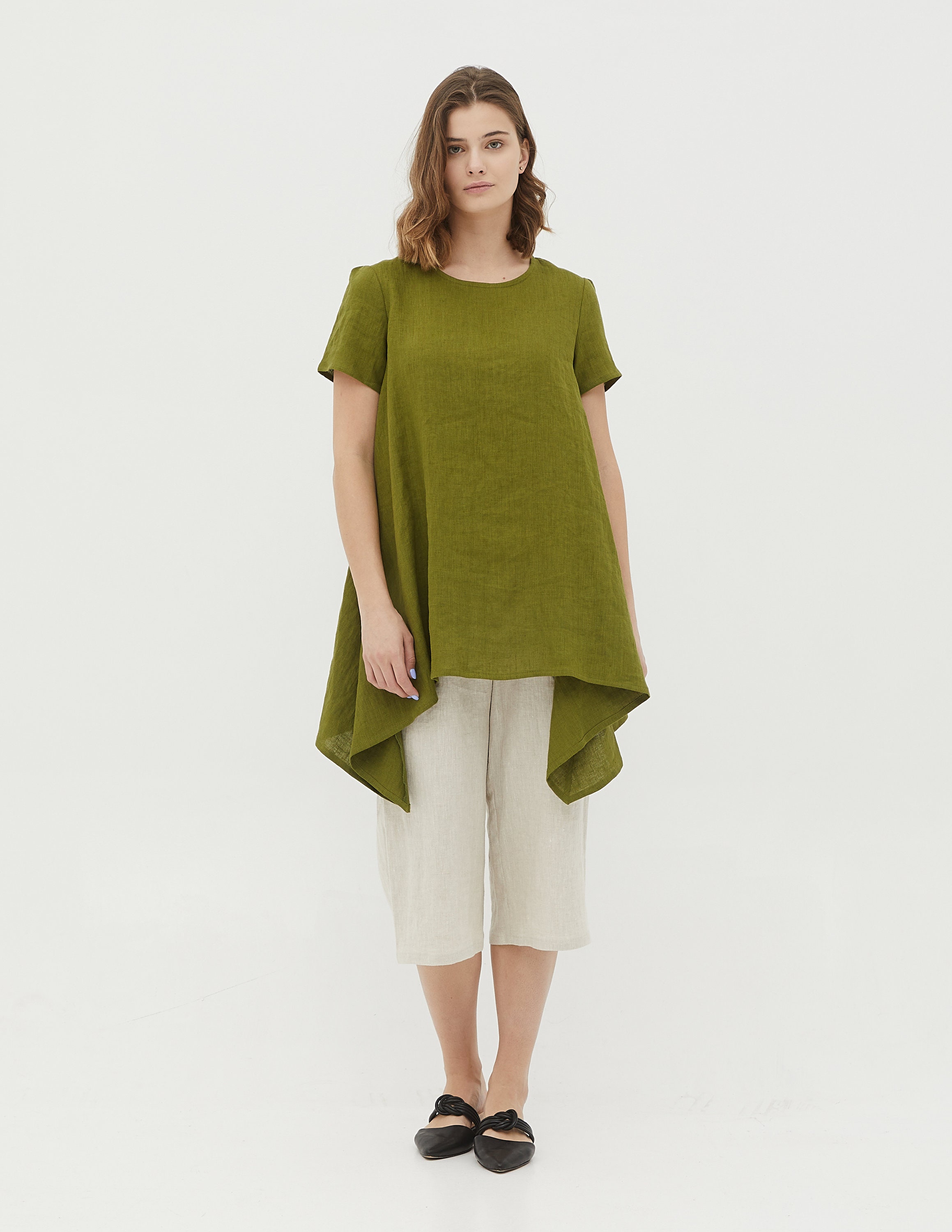 LINDA OLIVE Asymmetric Short Sleev Linen Tunic for Women, Loose Linen ...