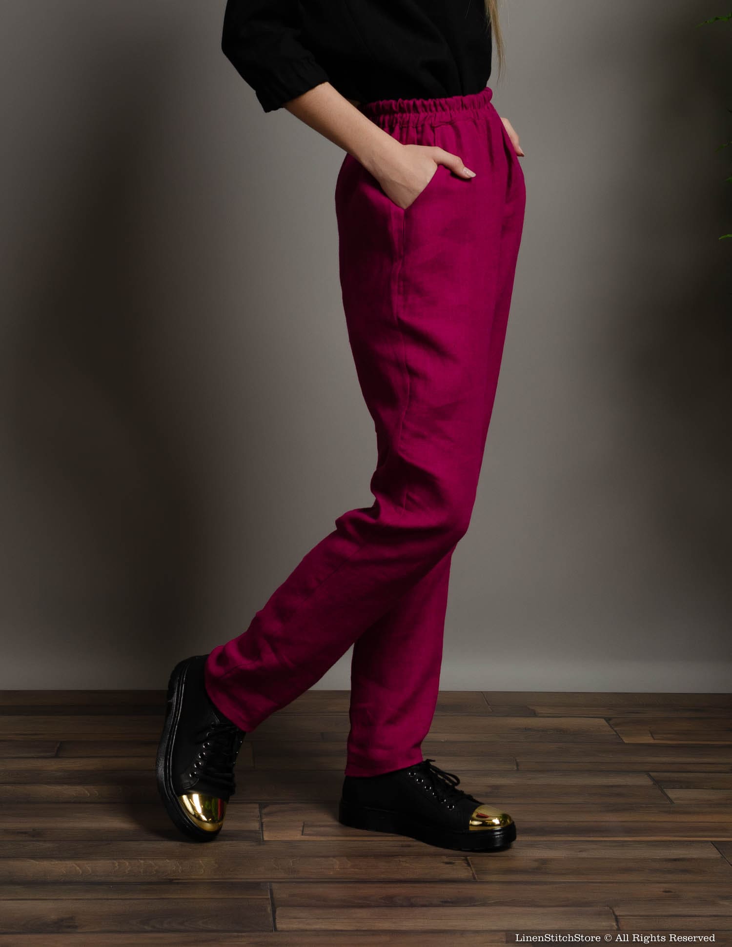Loose Rose Colour Linen Pants With Elastic Waist and Inner Pockets ...