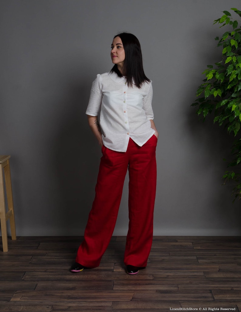 LESLIE Red Wide-leg Linen Pants With Elastic Waist and Inner Pockets ...