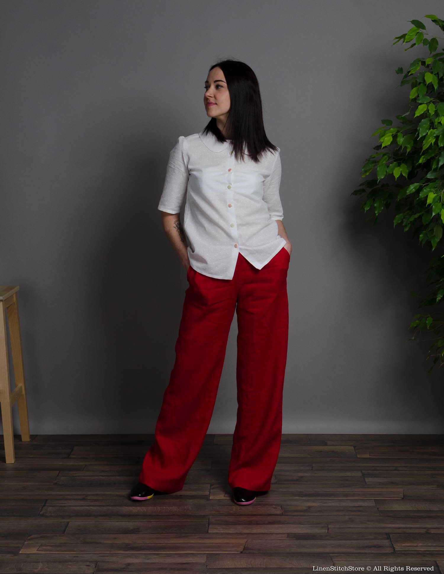 LESLIE Red Wide-leg Linen Pants With Elastic Waist and Inner Pockets ...