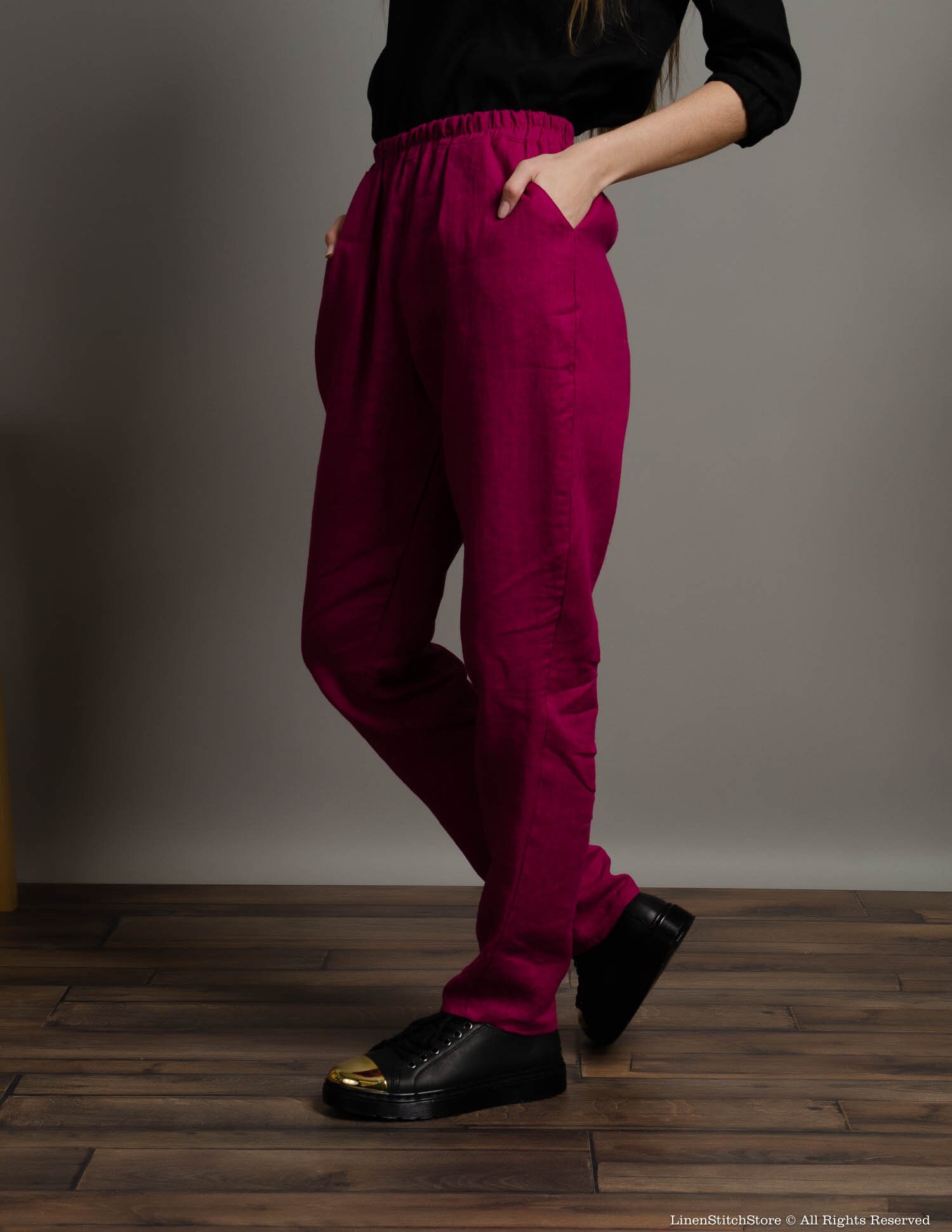 Loose Rose Colour Linen Pants With Elastic Waist and Inner Pockets ...