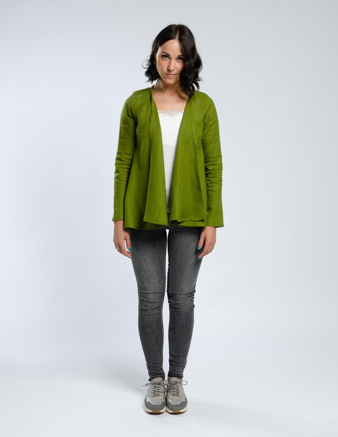 DENICE Wrap Linen Jacket, Short Linen Cardigan, Green Long Sleeve Linen ...