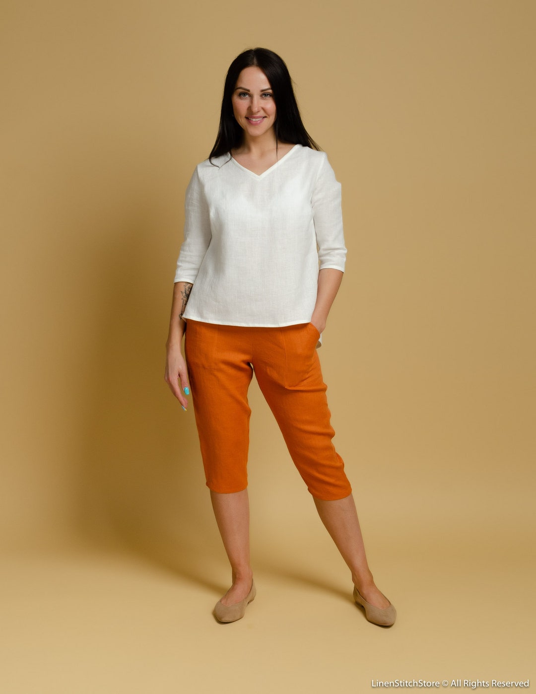 VICTORIA Terracotta Color Linen Capri Pants With Elastic Waistband and ...