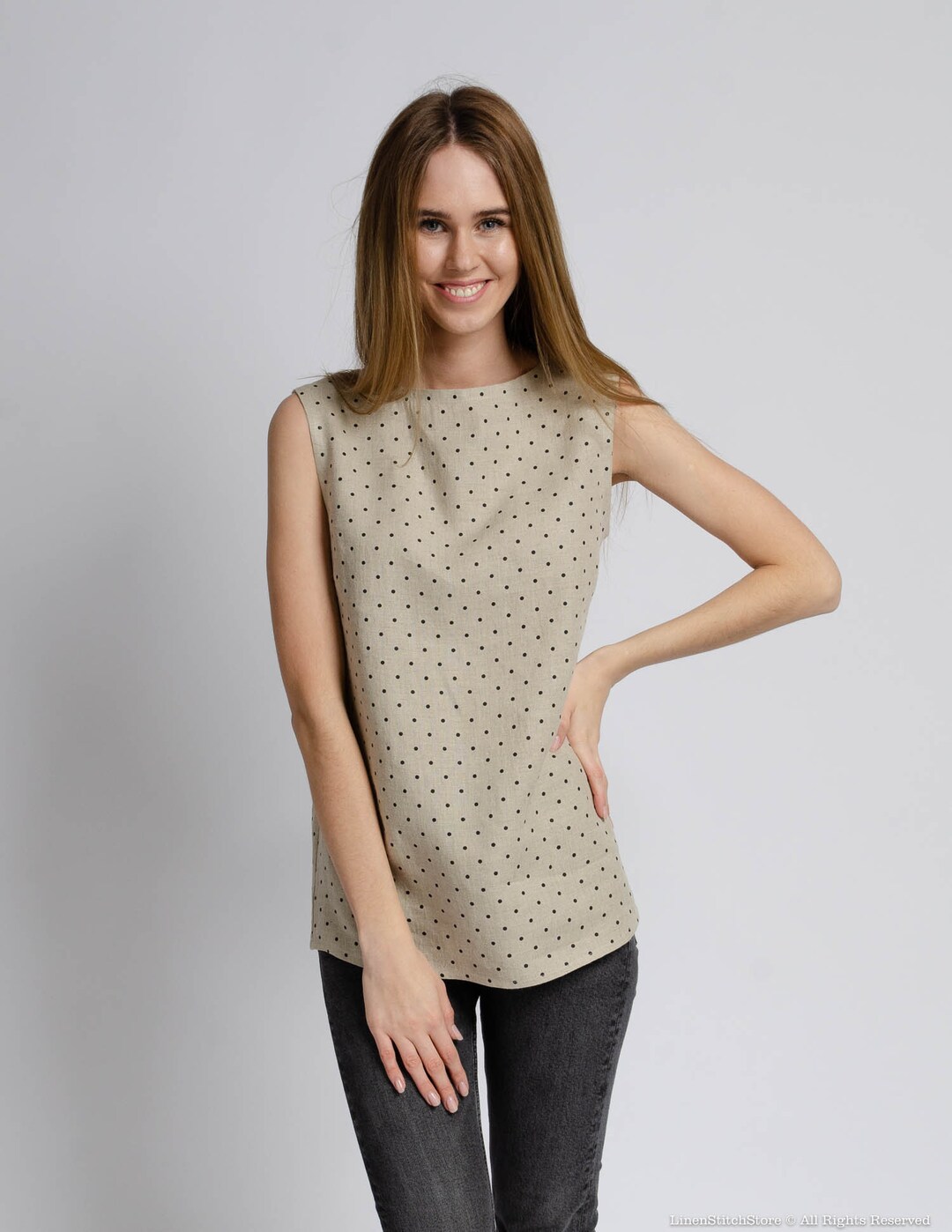MONIKA Sleeveless Dotted Natural Colour Linen Tank Top for Women ...