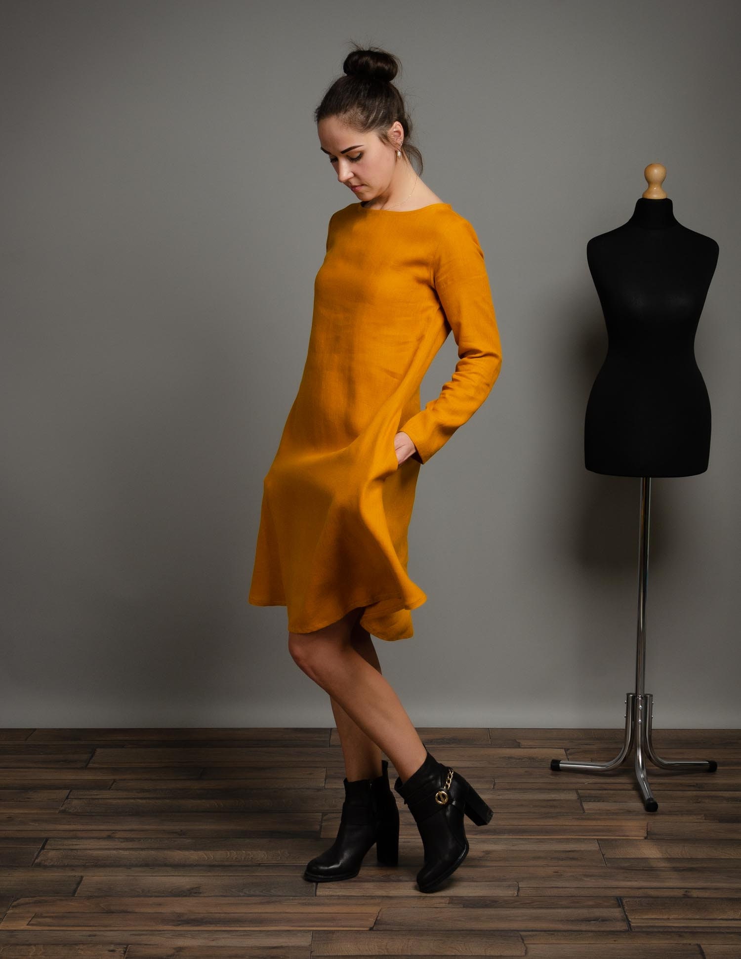 VERONICA Linen Mustard Color Long Sleeve Linen Dress With Side - Etsy