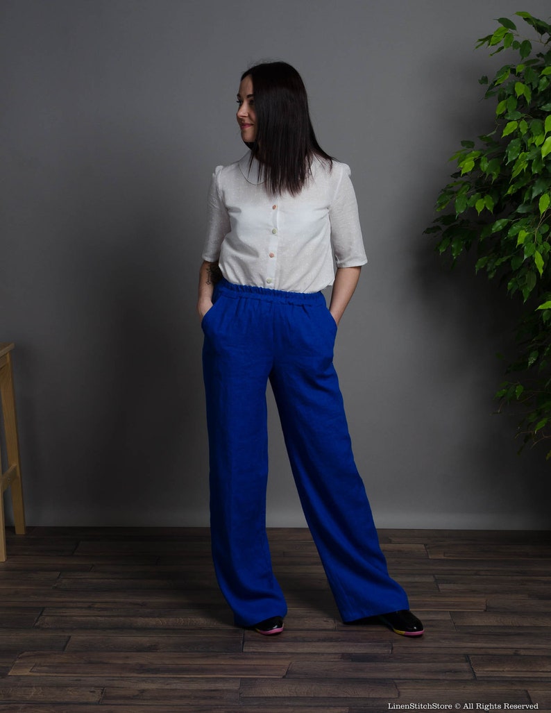 LESLIE Bright Blue Wide-leg Linen Pants With Elastic Waist and - Etsy