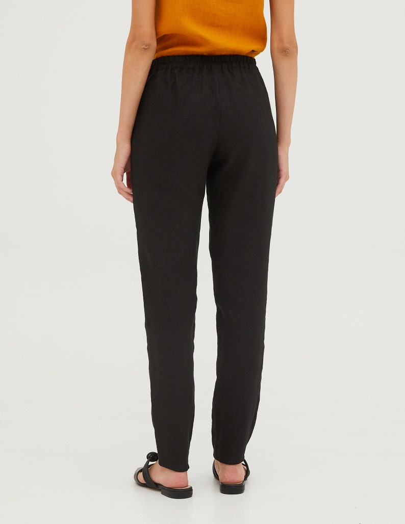 MIRIAM Black colour linen pants with elastic waist and inner | Etsy