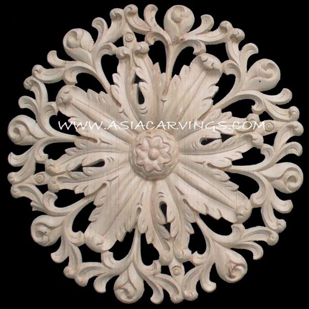 FLR-25: Hand Carved Decorative Fret Acanthus Leaves Rosette Ornament ...