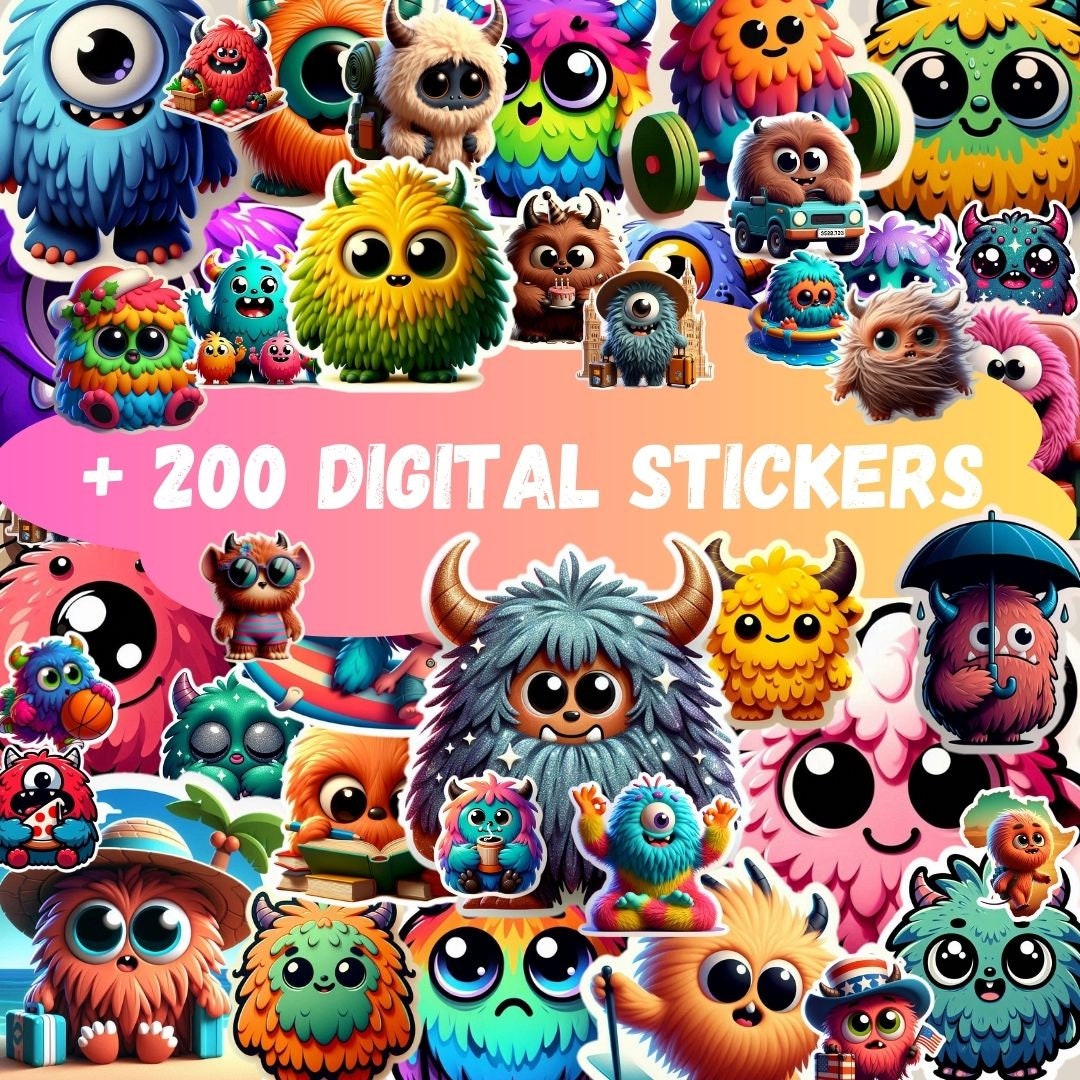 Digital Stickers Pack: 200 Cute Monster Planner Stickers, Digital ...