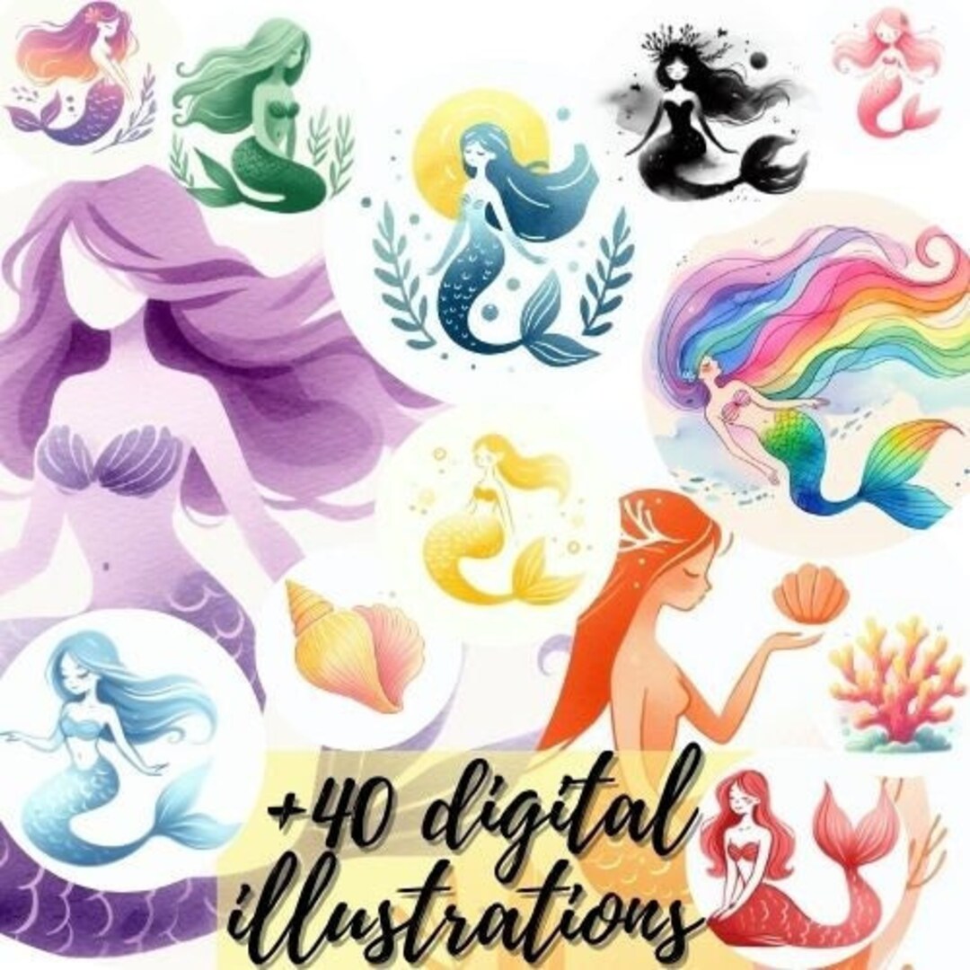 Simple Mermaid Digital Clipart, 44 Mermaid Clipart for Scrapbooking ...
