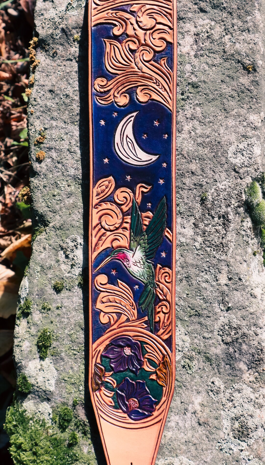 Handmade Leather Guitar Strap Hummingbird Under the Moon - Etsy