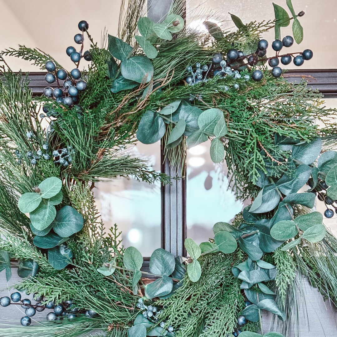 Modern Farmhouse Rustic Cyprus Pine and Eucalyptus Blue Berry Wreath ...