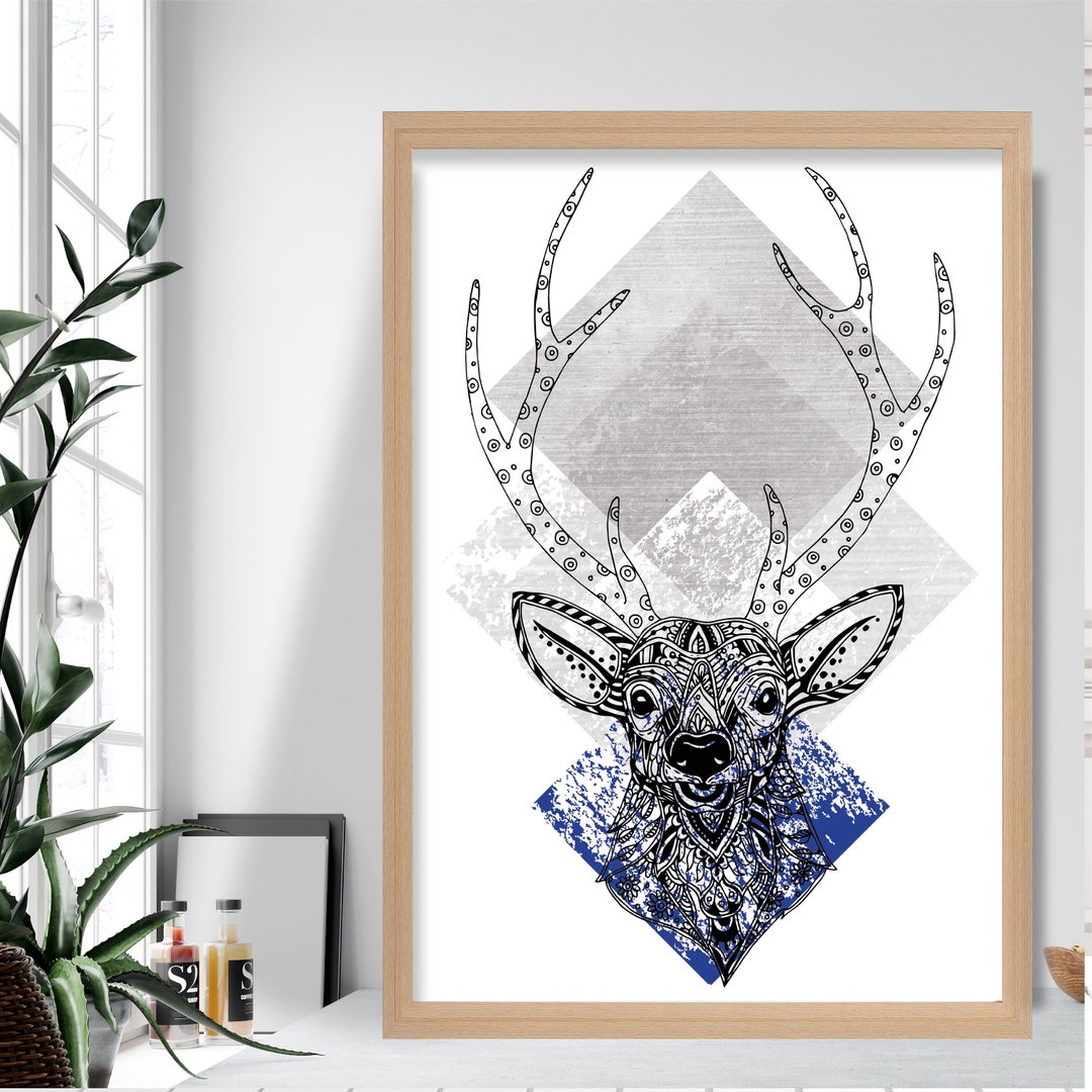 Tribal Geometric Stag Head Art Print Navy Grey Aztec Gallery Wall ...