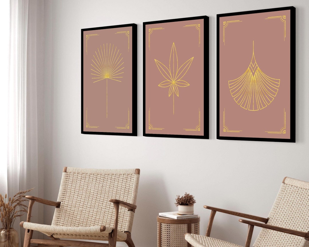 Art Deco Poster Set - 3 Prints, Pink & Gold Wall Art, Leaf Design Art ...